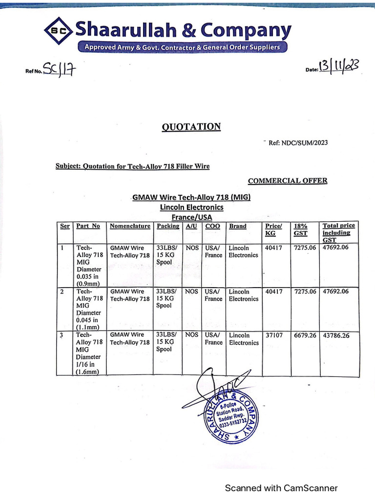 Quotation Filler Wire Lincoln | PDF
