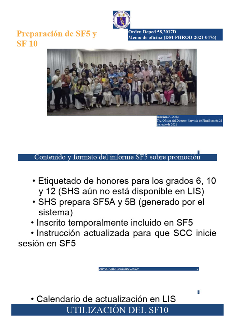 Preparación de SF5 y SF 10: Orden Deped 58, Memo de Oficina 2017D (DM ...