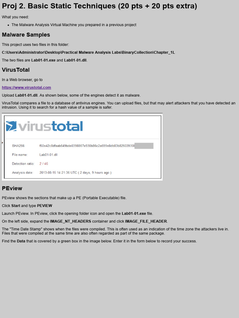 Proj 2. Basic Static Techniques (20 Pts + 20 Pts Extra) | PDF | Malware | Computer Architecture