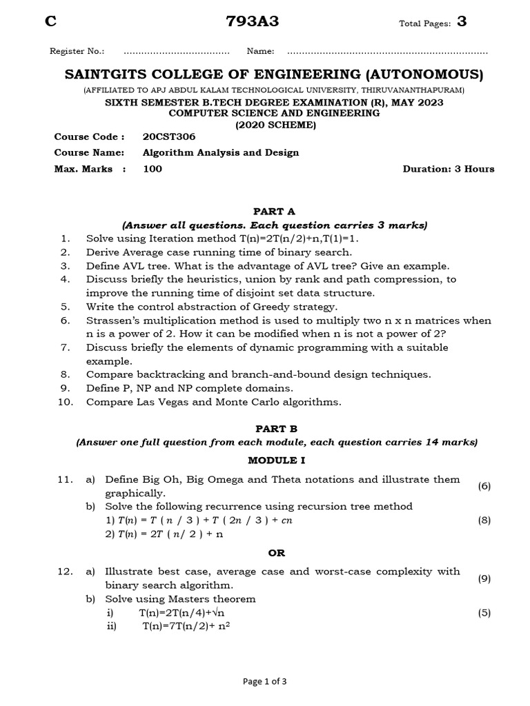 Algorithm Analysis And Design Btech Cs S6 May 2023 Download Free Pdf Algorithms Discrete