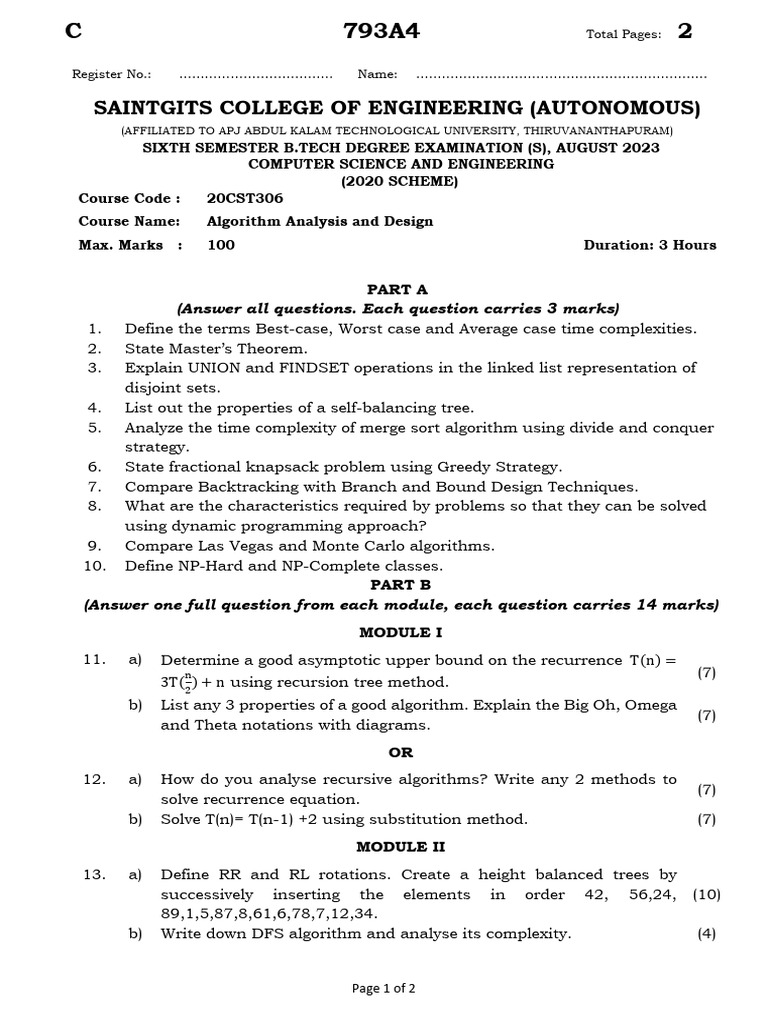 Algorithm Analysis and Design S6 B.Tech CS August 2023 (S) | PDF | Computational Complexity ...