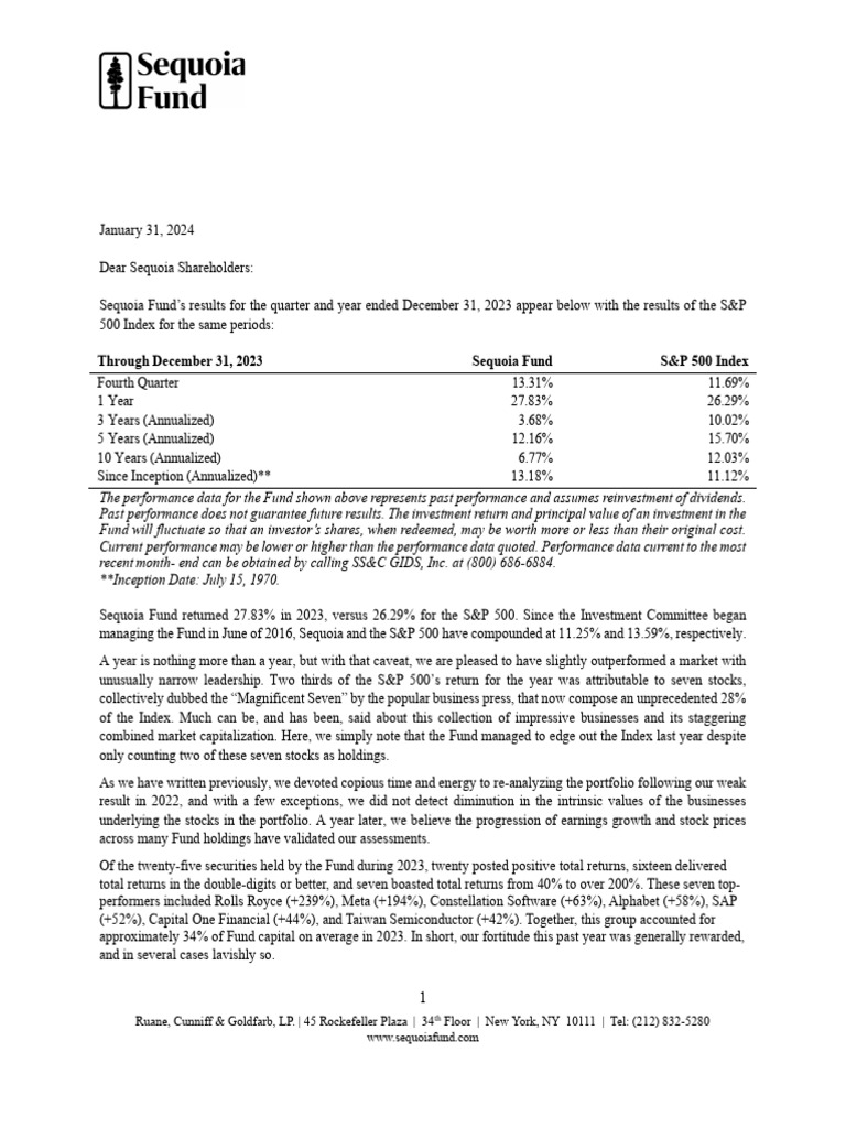 Year End 2023 Sequoia Fund Letter Pdf Investing Valuation Finance