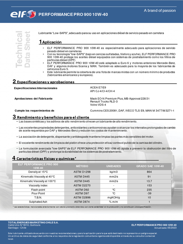 TDS - Elf - Performance Pro 900 10W-40 - TQZ - 202305 - Es - CHL | PDF ...