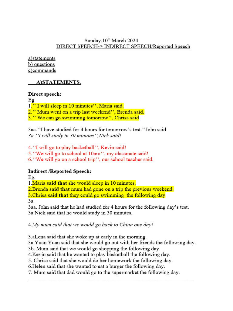 Direct to Indirect Speech Guide | PDF | Question | Syntax