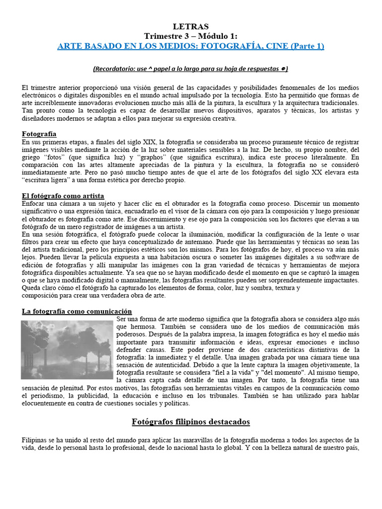 ARTES 10 Trimestre 3 Módulo 1 Parte 1 | PDF | Cámara