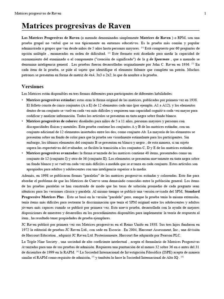 Matrices Progresivas de Raven PDF | Descargar gratis PDF | Cociente de ...