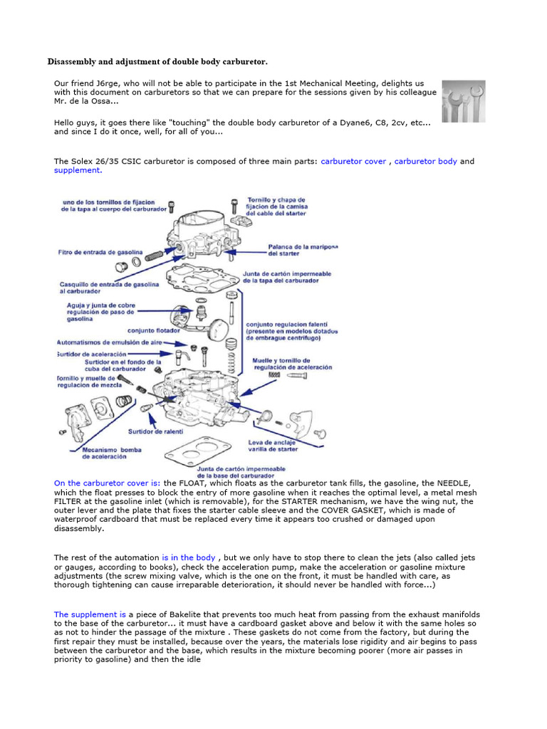 Disassembly and Adjustment of SOLEX Citroen 2CV Carburetor | PDF | Carburetor | Vehicle Technology
