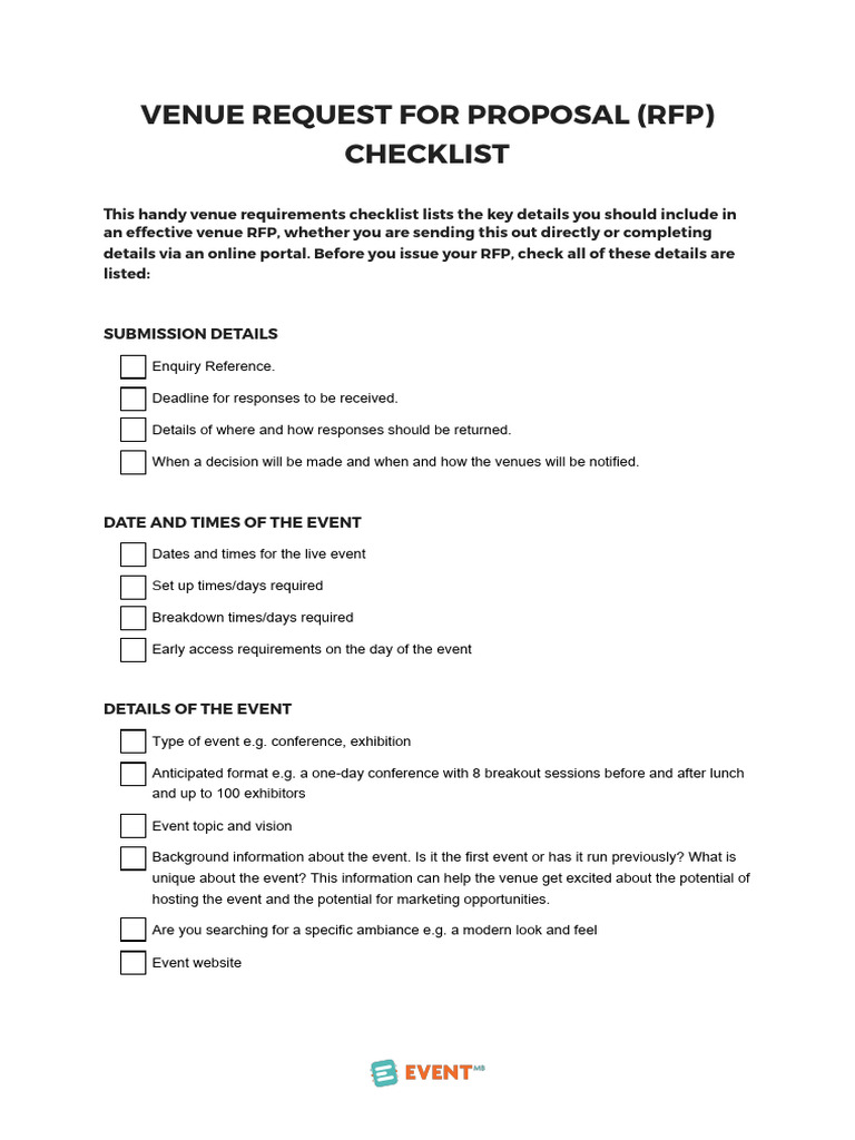 Venue Request For Proposal RFP Checklist | PDF | Request For Proposal ...