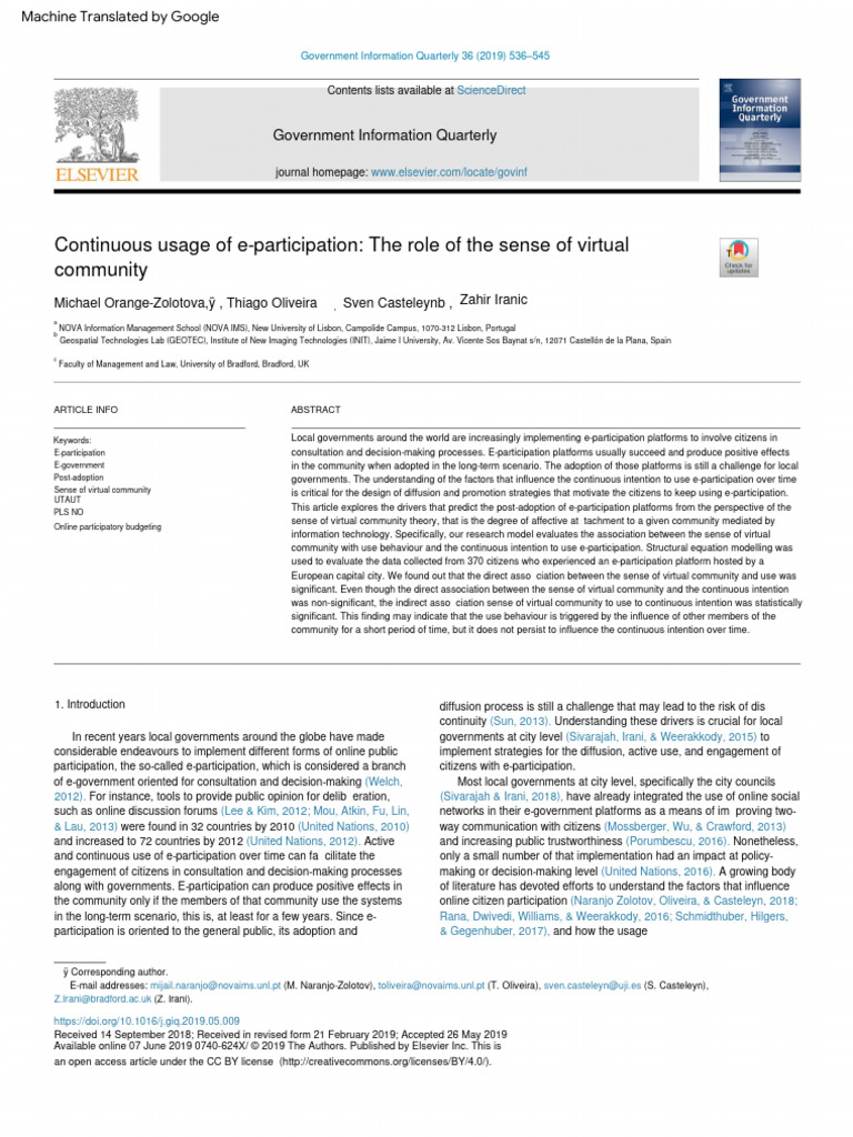 Continuous Usage of E-Participation The Role of The Sense of Virtual ...