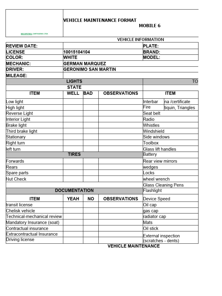 Vehicle Maintenance Format | PDF | Vehicles | Brake