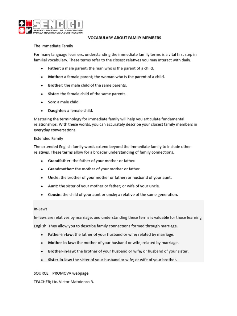 Family Member Vocabulary Guide | PDF
