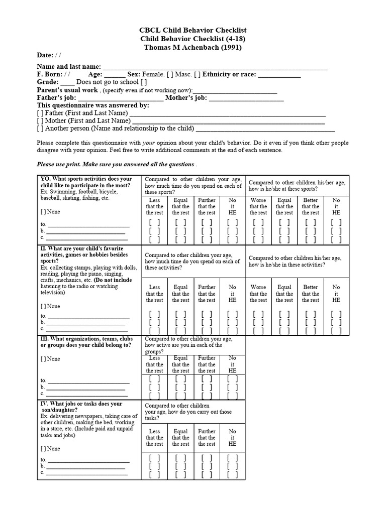 CBCL Child Behavior Checklist | PDF | Behavioural Sciences | Psychology