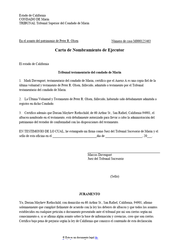Carta de Nombramiento de Ejecutor | PDF | Albacea | Justicia