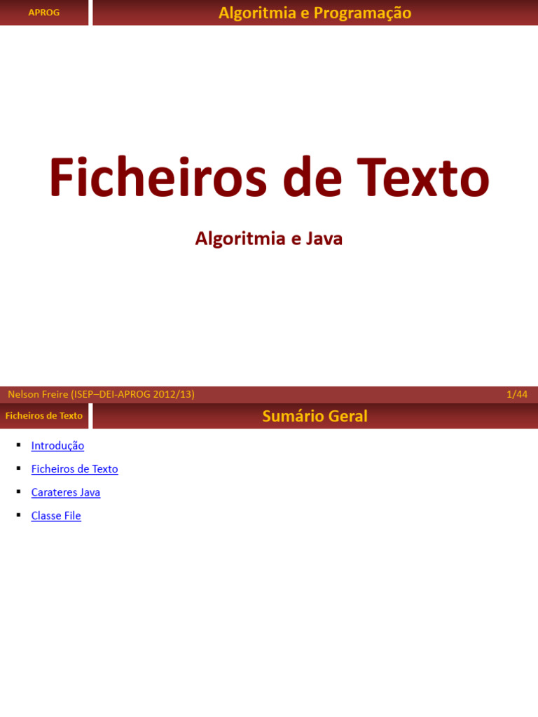 FICHEIROS de TEXTO - Algoritmia e Java | PDF | Armazenamento de dados de computador | Memória de ...