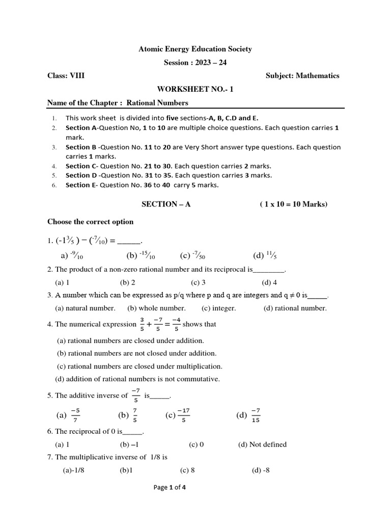 Class8 Maths - WS1-Chapter 1 Rational Numbers Mumbai2 | PDF | Integer | Rational Number