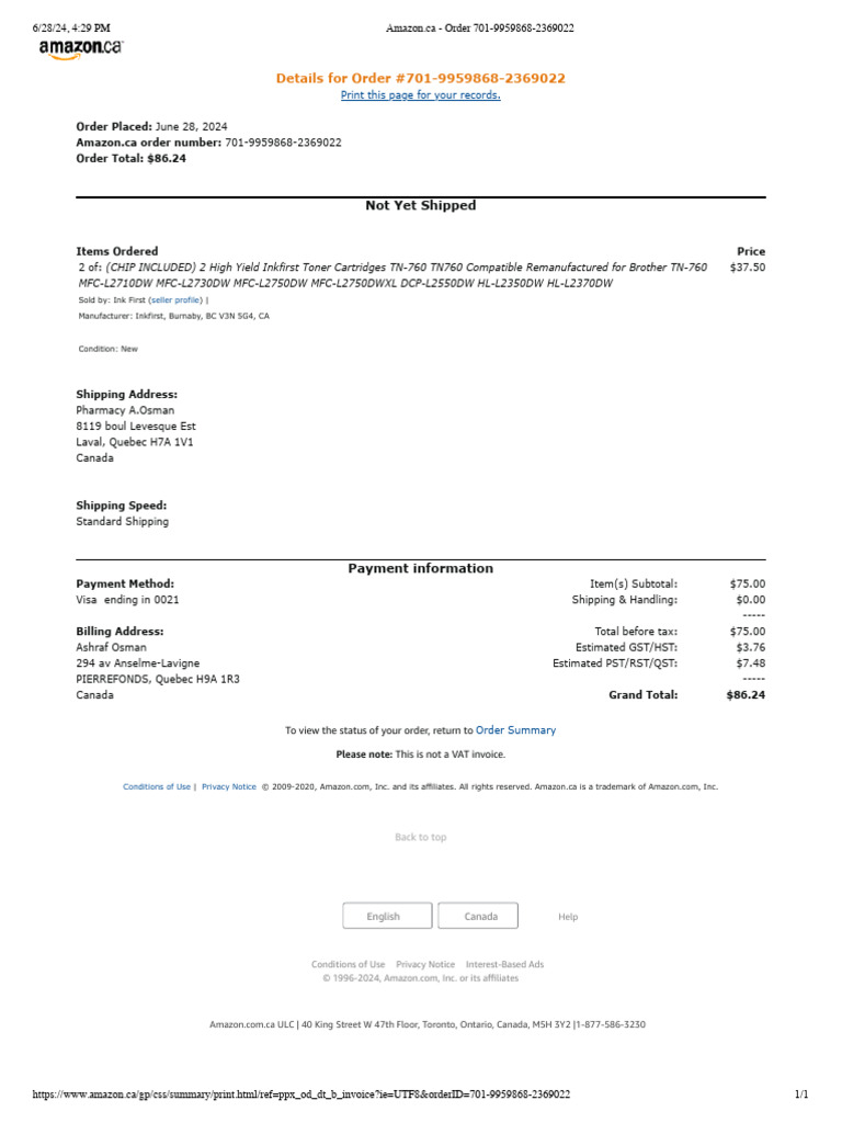 Amazon - Ca - Order 701-9959868-2369022 | PDF | Sales | Payments