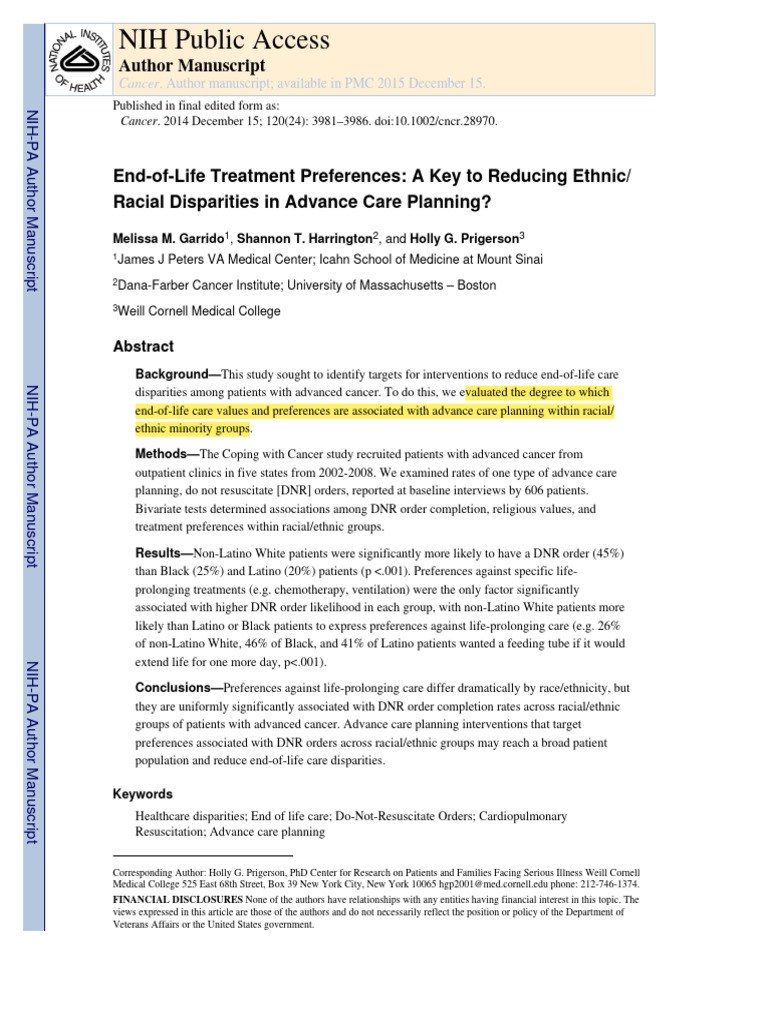 2014 Garrido ACP End of Life Treatment Cancer Radial Ethnic | PDF | End ...