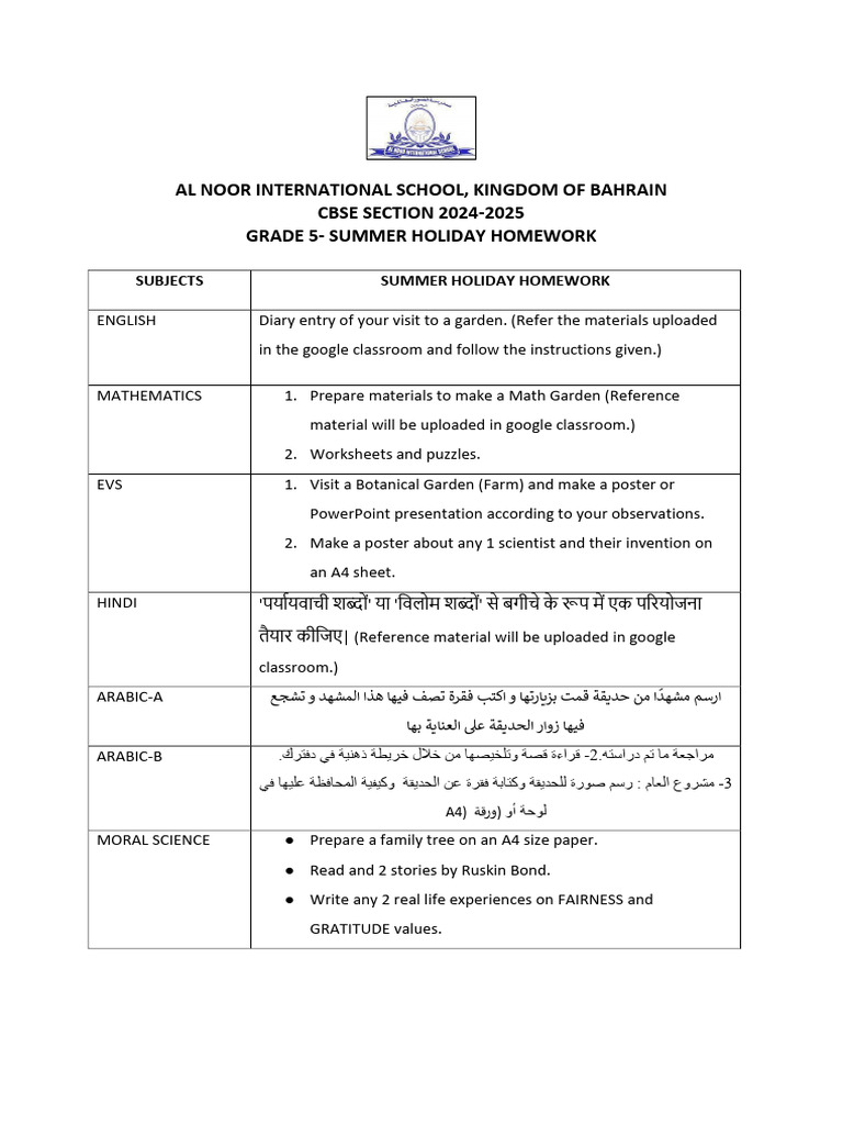 Grade 5 Summer Holiday HW 2024-2025-1 | PDF | Education Theory | Pedagogy