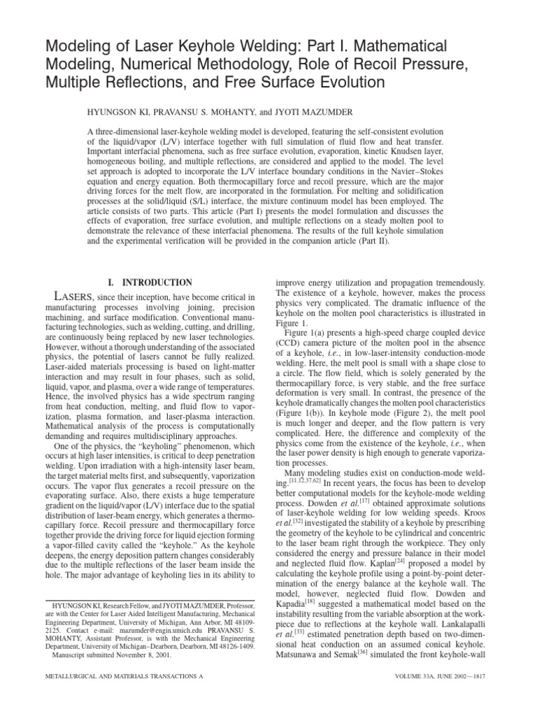Modeling of Laser Keyhole Welding Part I. Mathematical Modeling ... Modeling of Laser Keyhole Welding Part I. Mathematical Modeling ...