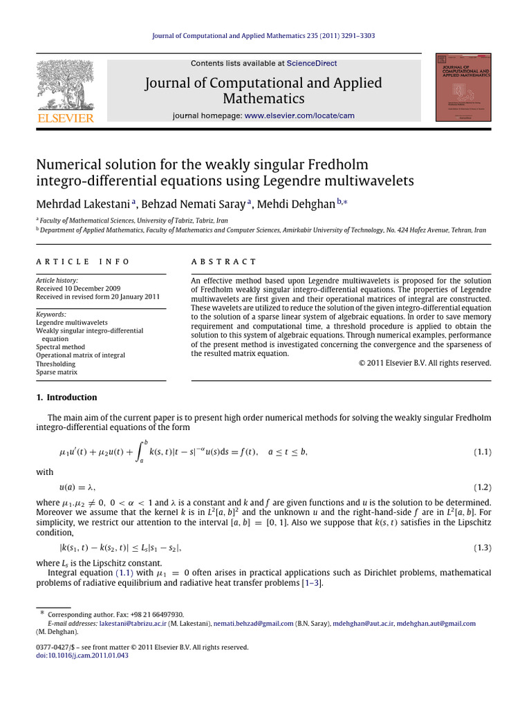 Lakestani2011 Numerical Solution For The Weakly Singular Fredholm Integro-Differential Equations ...