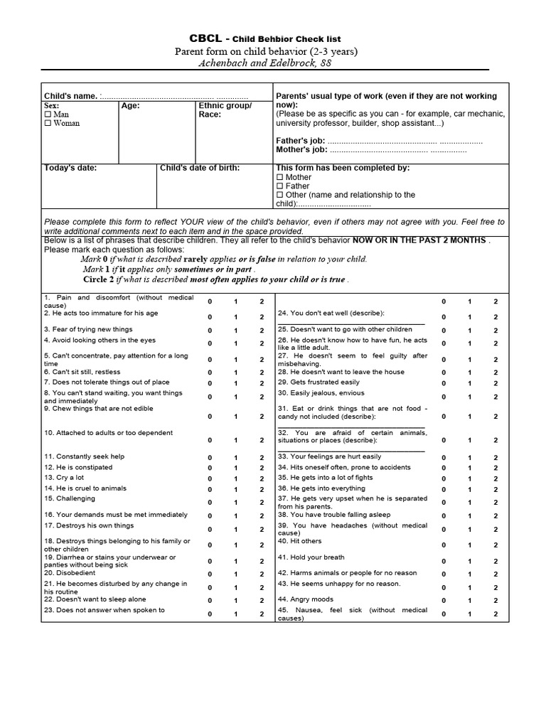 CBCL-2 and 3 Years | PDF | Anxiety | Mental Disorder