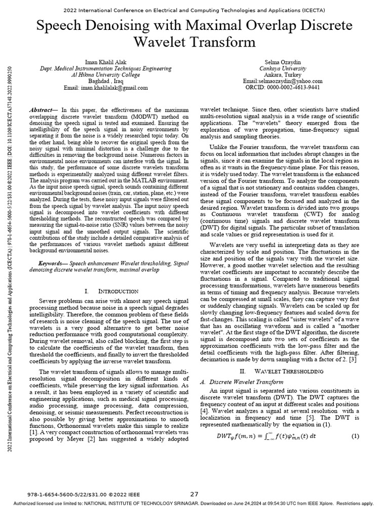 Speech Denoising With Maximal Overlap Discrete Wavelet Transform Pdf Wavelet Signal To