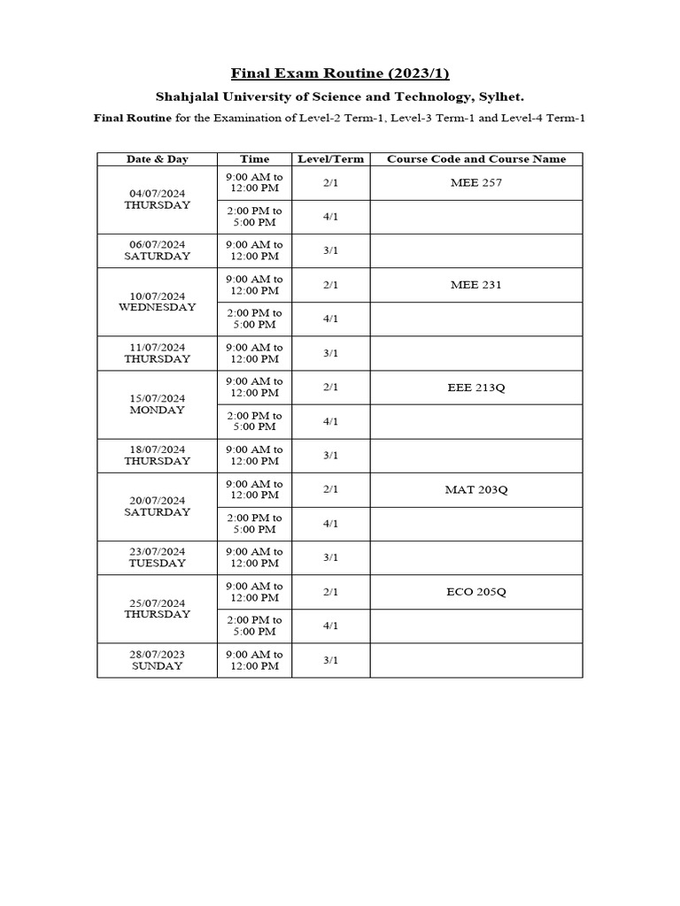 Final Exam Routine 2023-1 Semester | PDF