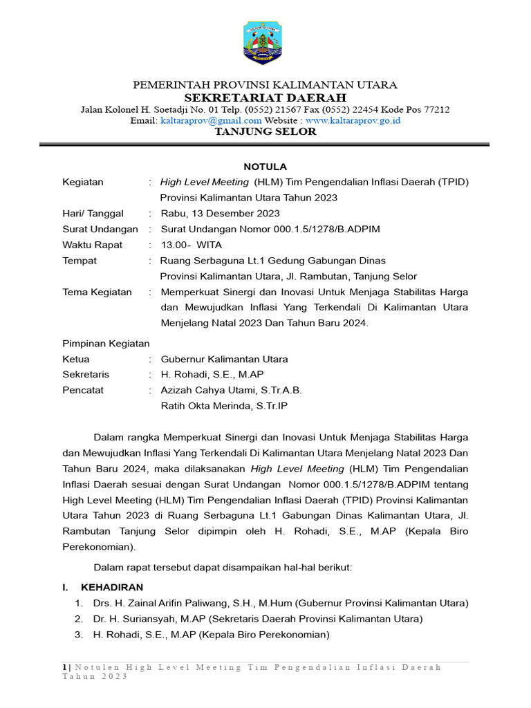 Notulen HLM TPID - Nataru 2023 - Fix | PDF