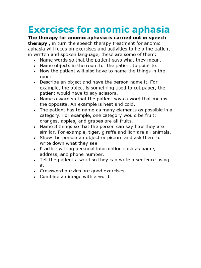 Exercises For Anomic Aphasia | PDF