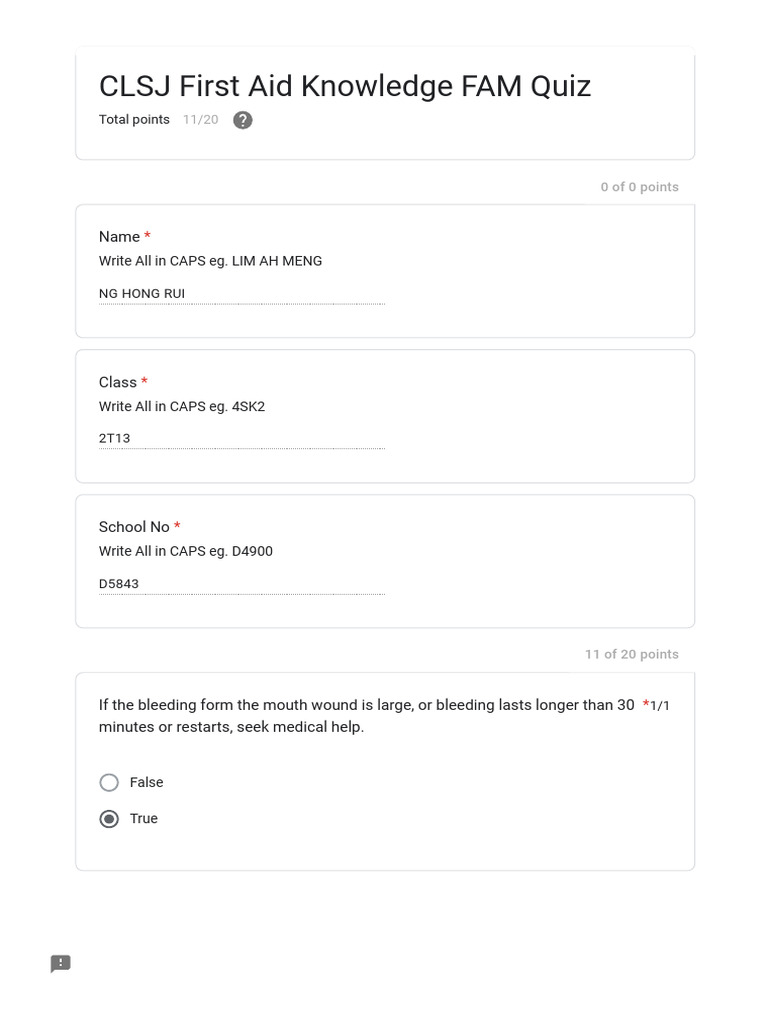CLSJ First Aid Knowledge FAM Quiz | PDF | First Aid | Clinical Medicine