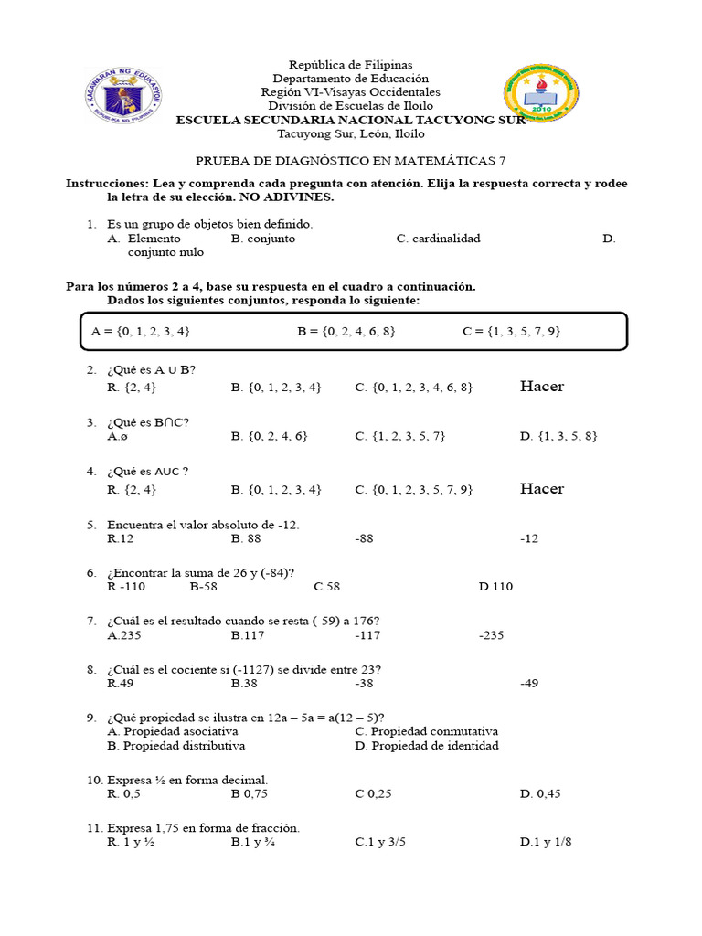 Prueba de Diagnóstico de Matemáticas 7 | PDF | Conjunto (Matemáticas) | Aritmética