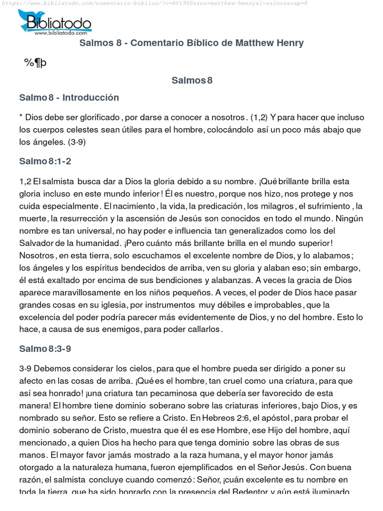 Salmos 8 Comentario Bíblico de Matthew Henry | PDF | Cristo (título ...