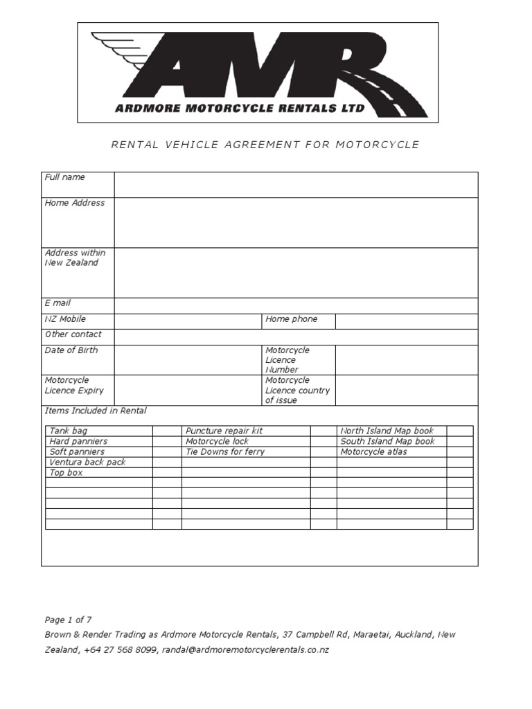 Rental Agreement for Motorcycle Provides Details on Fees, Insurance ...