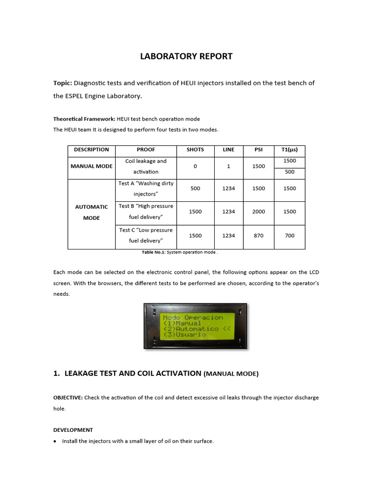 Laboratory Report HEUI Injectors Test Bench | PDF | Fuel Injection | Valve