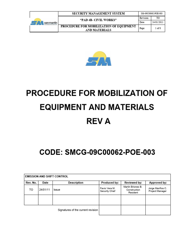 Procedure For Mobilization of Equipment and Materials | PDF | Road | Safety