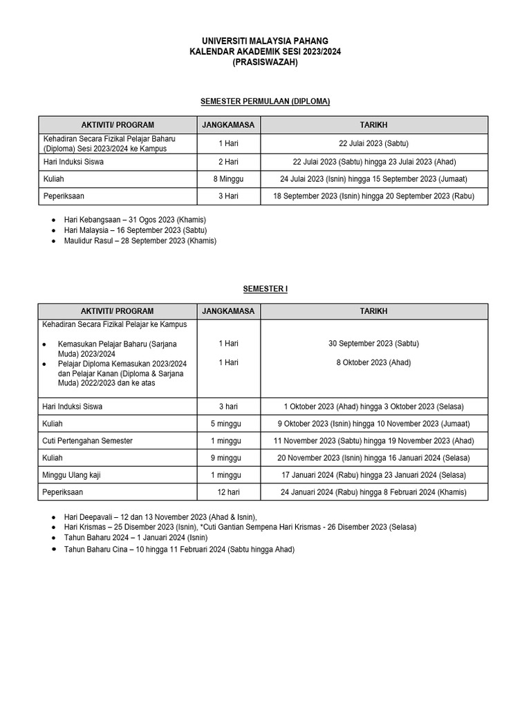 Kalendar Akademik 2023 - 2024 (Prasiswazah) | PDF