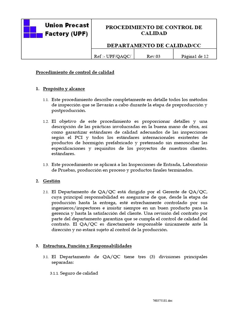 Procedimiento de Control de Calidad | PDF | Hormigón | Calidad (comercial) Procedimiento de Control de Calidad | PDF | Hormigón | Calidad (comercial)