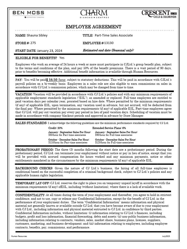 Employee Agreement - Shauna Sibley | PDF | Economies | Labor Relations