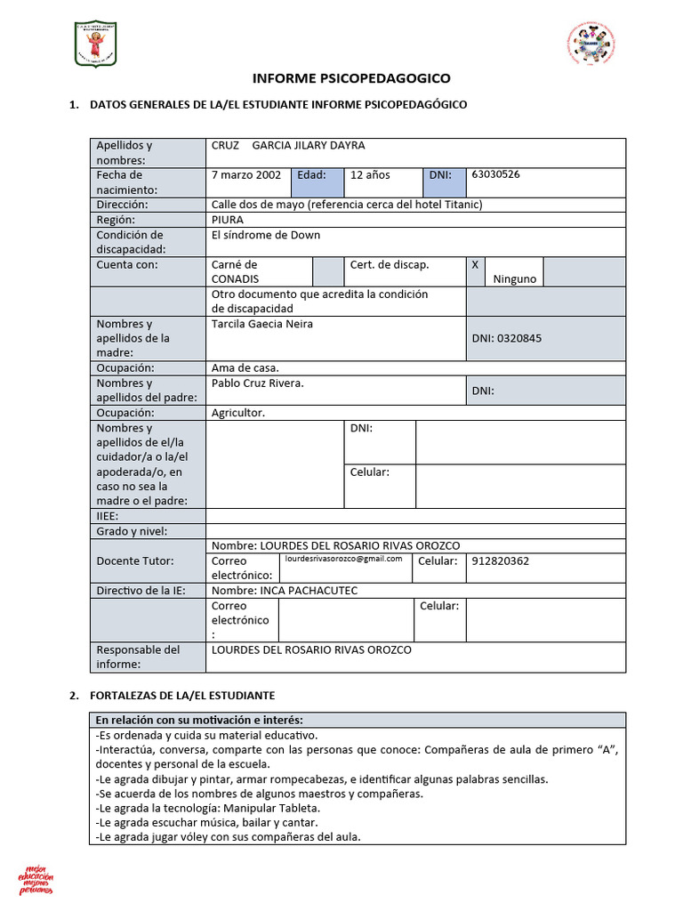 INFORME PSICOPEDAGOGICO 2024 Original | PDF | Aprendizaje | Comunicación