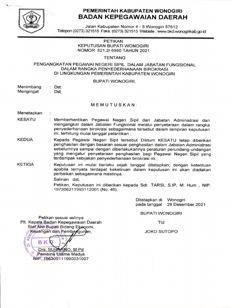 SK Pengangkatan Dalam Jabatan Fungsional a.n Tarsi | PDF