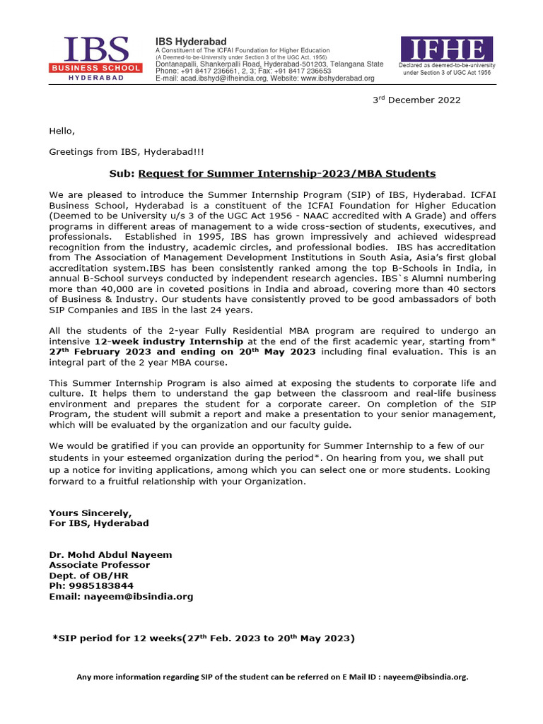 SIP Letter 2023 | PDF | Master Of Business Administration | Business