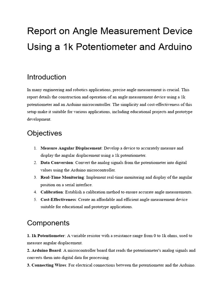 Report On Angle Measurement Device Using A 1k Potentiometer and Arduino | PDF | Arduino ...