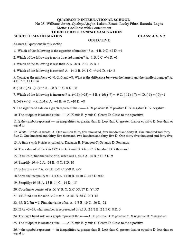 JSS2 Maths | PDF | Inequality (Mathematics) | Mathematical Concepts