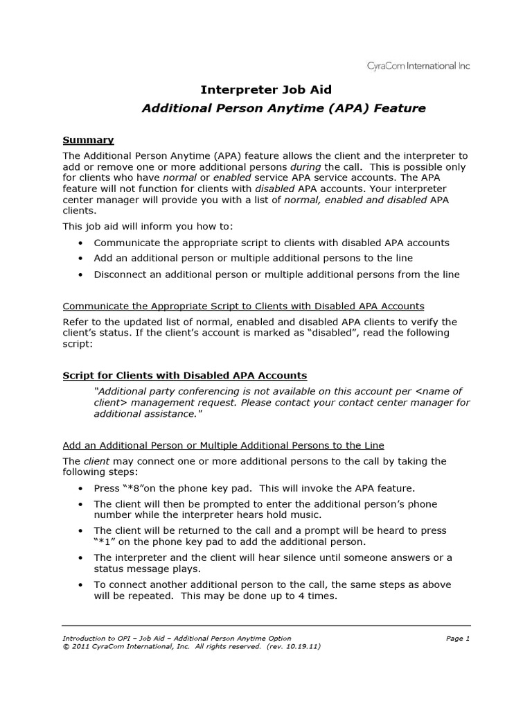Additional Person Anytime (APA) Feature: Interpreter Job Aid | PDF ...