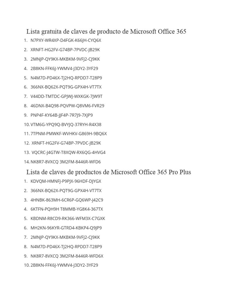 Lista Gratuita de Claves de Producto de Microsoft Office 365 | PDF