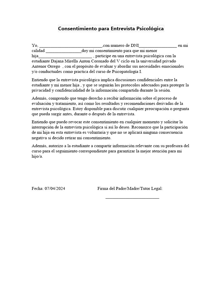 Consentimiento para Entrevista Psicológica | PDF | Bienestar