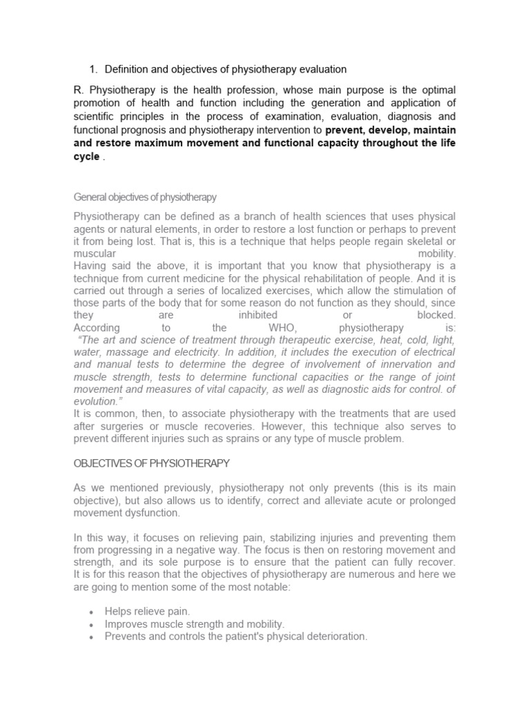Definition and Objectives of Physiotherapy Evaluation | PDF | Physical Therapy | Therapy