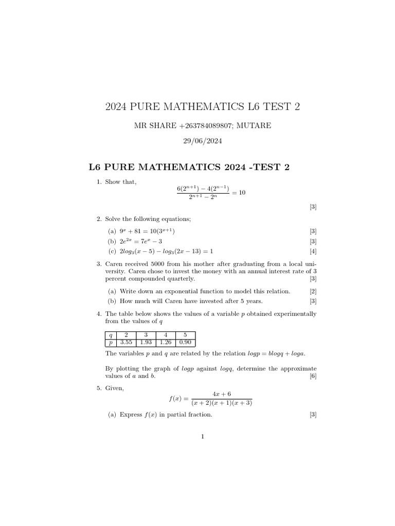 Advanced Math Test for Students | PDF | Equations | Mathematics