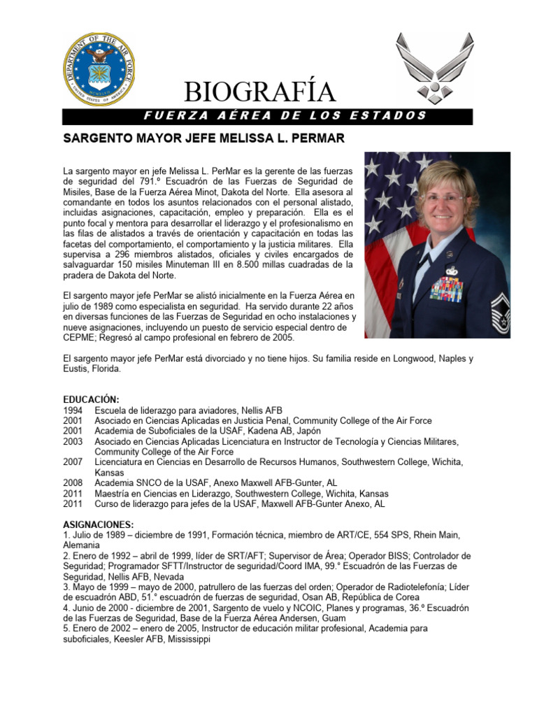 Biografía de Melissa L. PerMar, Sargento Mayor Jefe | PDF | Sargento ...