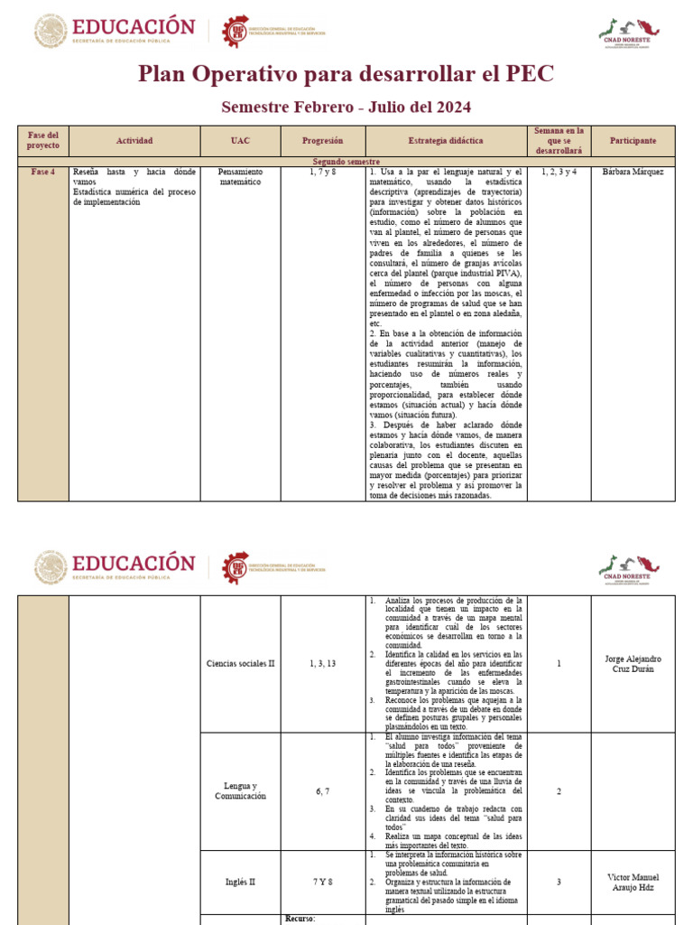 Pec Plan Operativo Feb Jul 2024 | PDF | Estadísticas